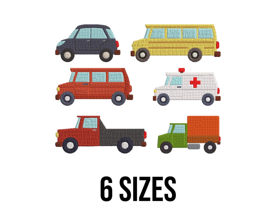 Vehicles Embroidery Design - School Bus Ambulance Car Delivery Truck ...