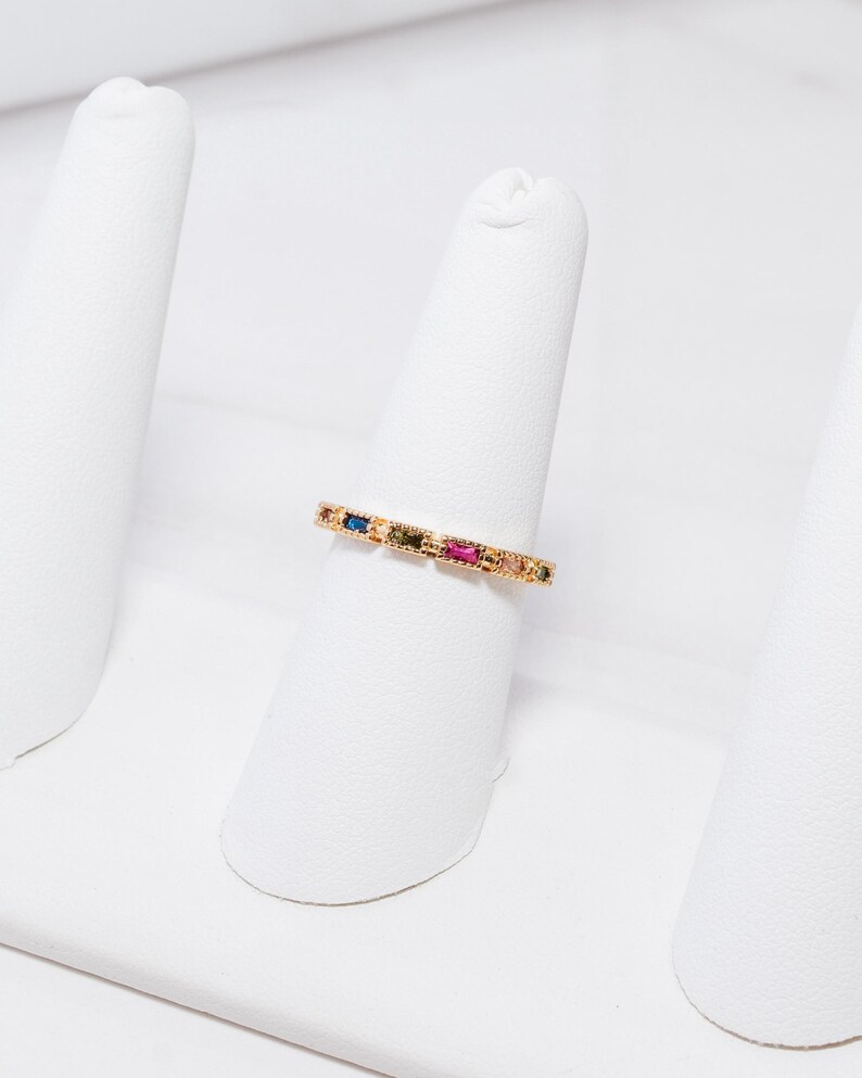 Multicolor Baguette Stone Ring Open Adjustable Ring Cubic Zirconia 18k Gold Plated Stainless ...