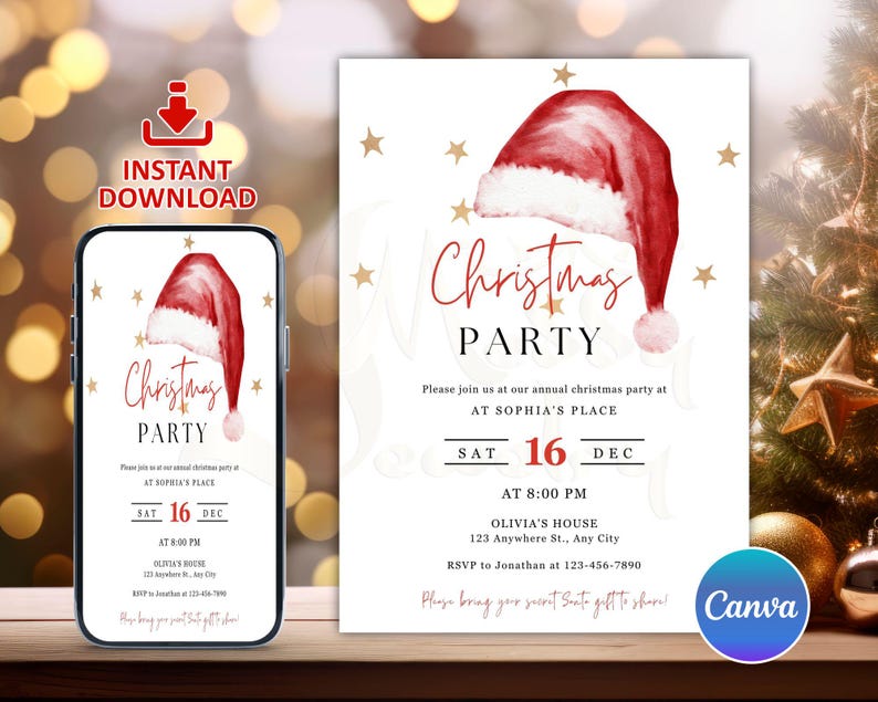 Santa Hat Party Invitation Editable Christmas Party Invitation Digital ...
