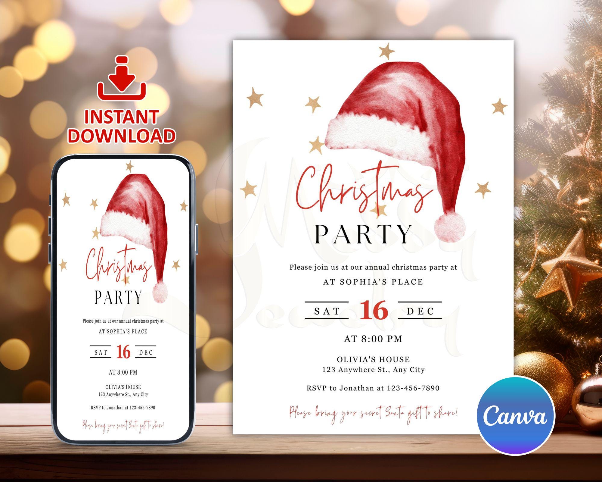 Santa Hat Party Invitation Editable Christmas Party Invitation Digital ...