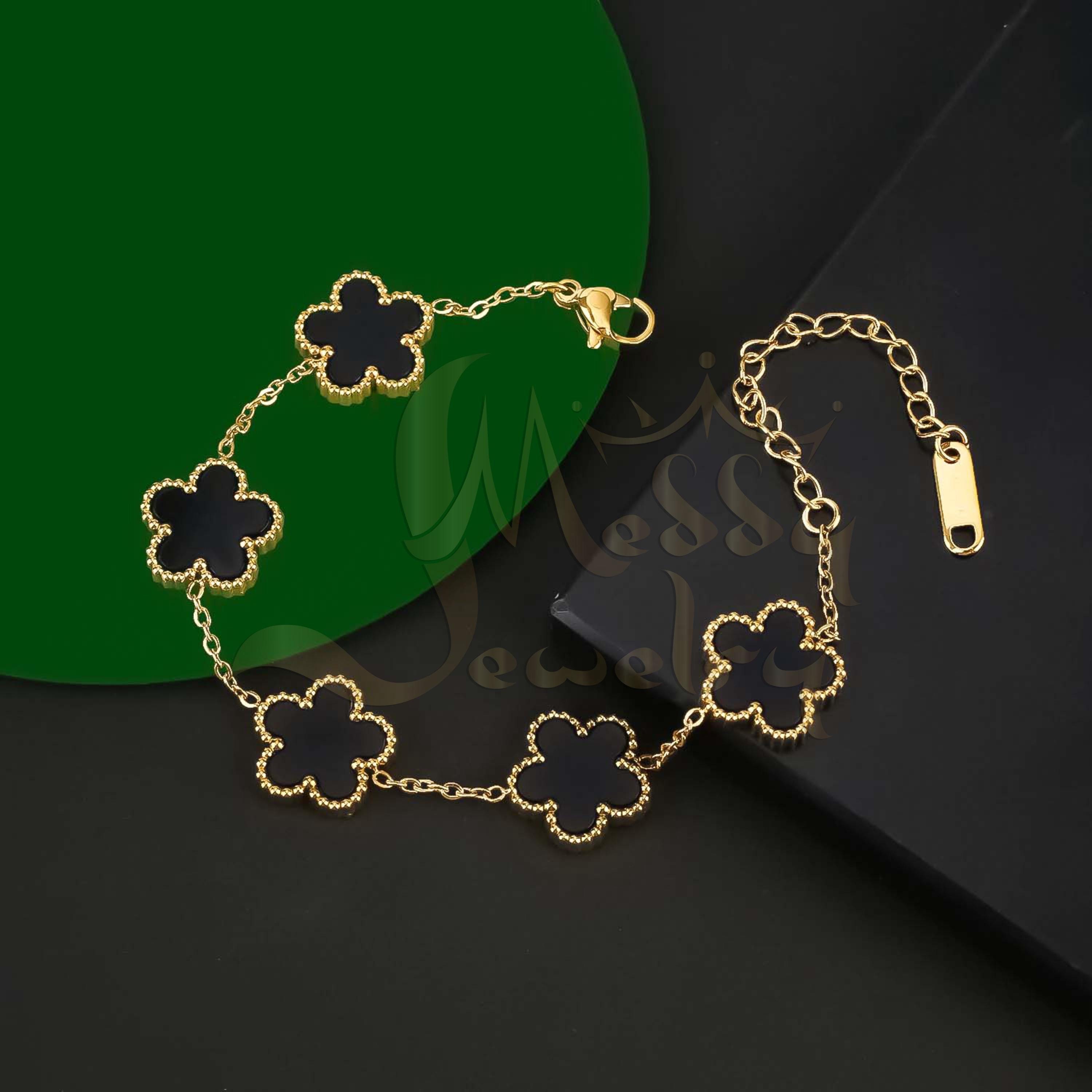 5 Leaf Clover Bracelet Pearl Clover Flower Bracelet Charm Bracelet Onyx ...