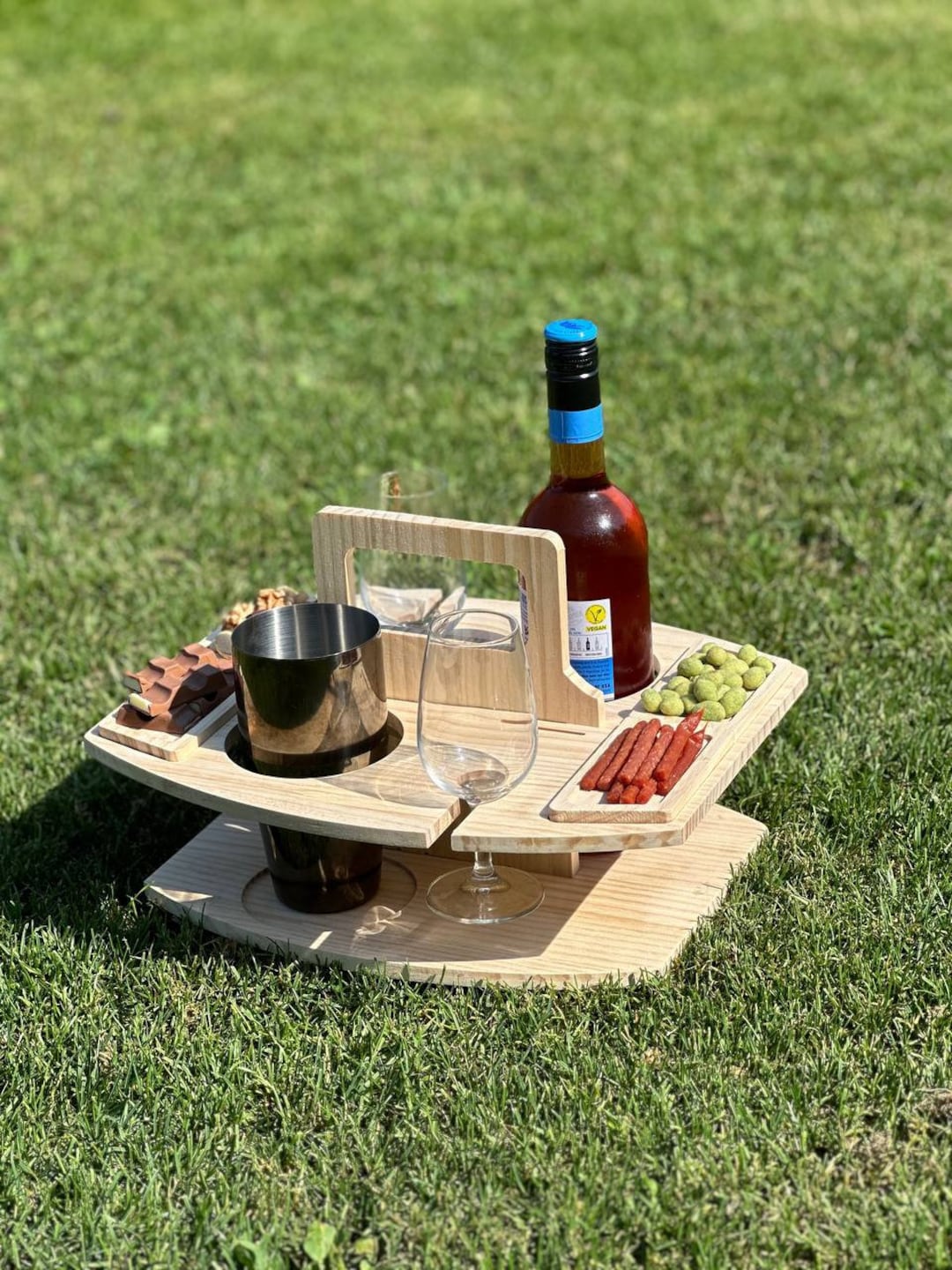 Handmade Portable Wine Picnic Table: Wooden Serving Tray With Glass ...