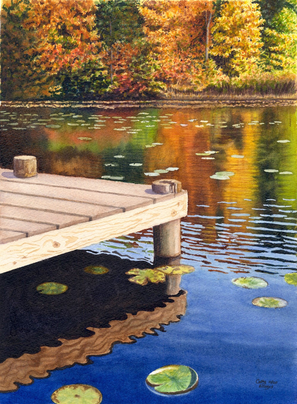 Autumn Lake Landscape Watercolor Painting Print by Cathy Hillegas ...