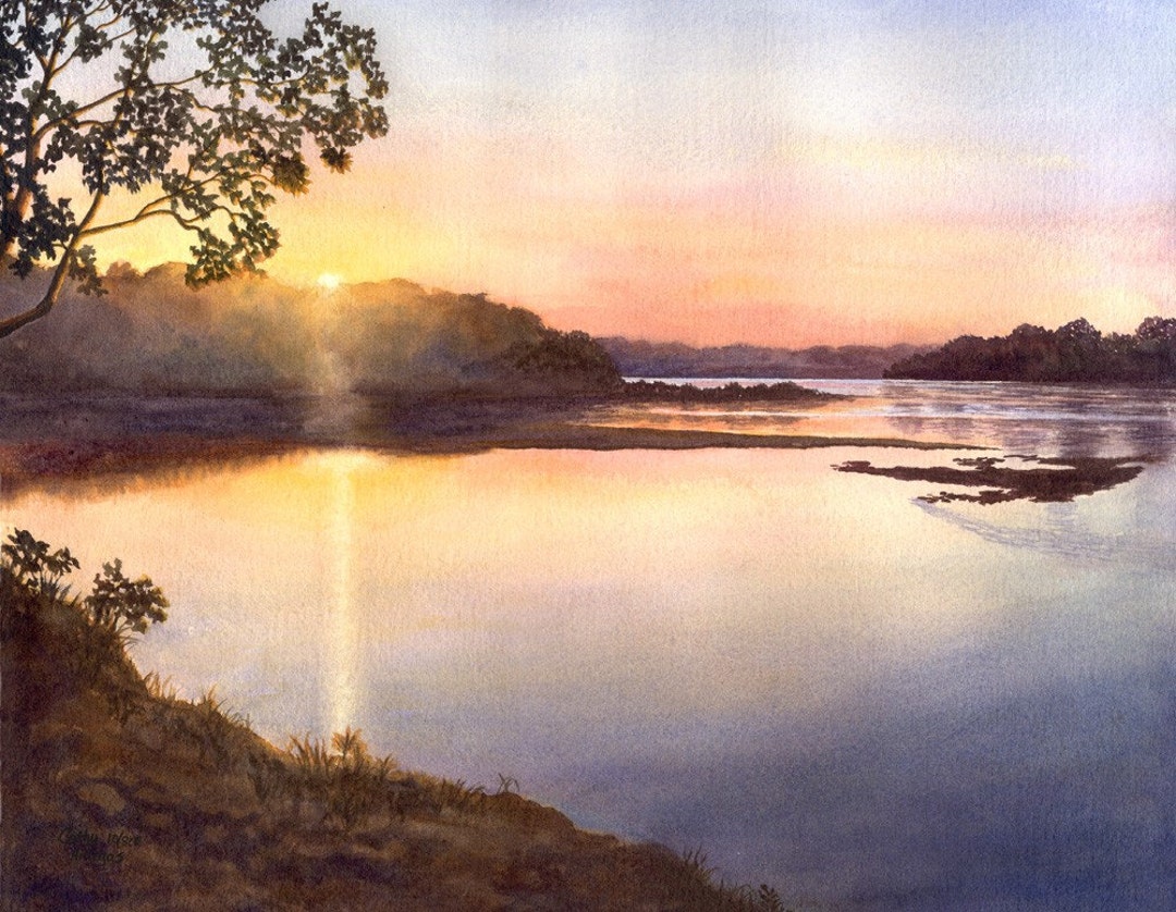 River Sunset, Art Watercolor Painting Print of Original Painting by ...