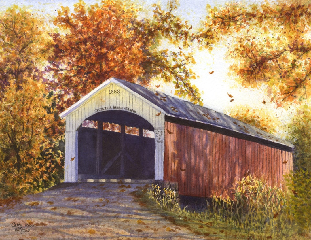Covered Bridge Art Watercolor Painting Print by Cathy Hillegas, 11x14 ...