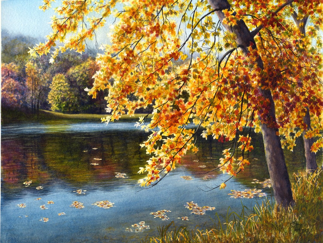 Autumn Lake Landscape Watercolor Painting Print by Cathy Hillegas ...