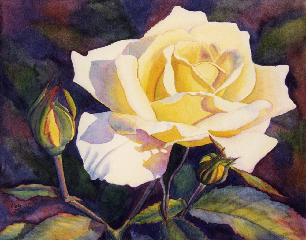 Yellow Rose Art Watercolor Painting Print by Cathy Hillegas - Etsy