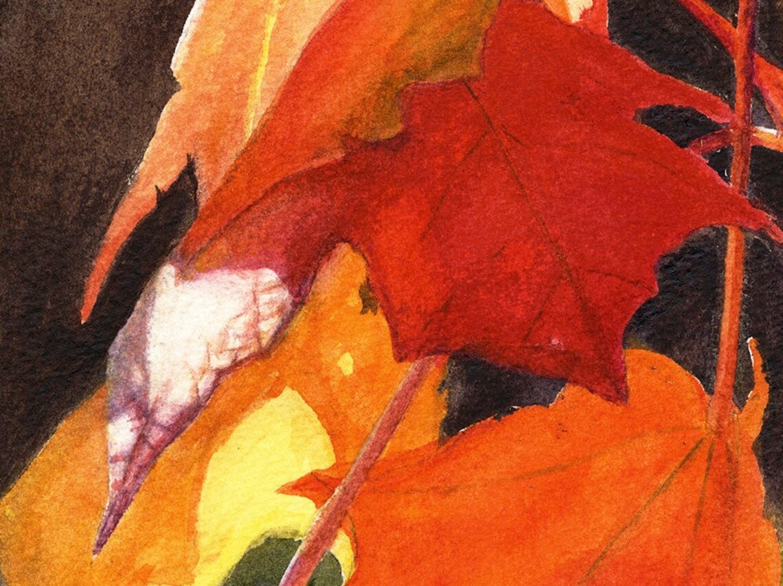 Red Yellow Orange Autumn Leaves Watercolor Painting Print by Cathy ...