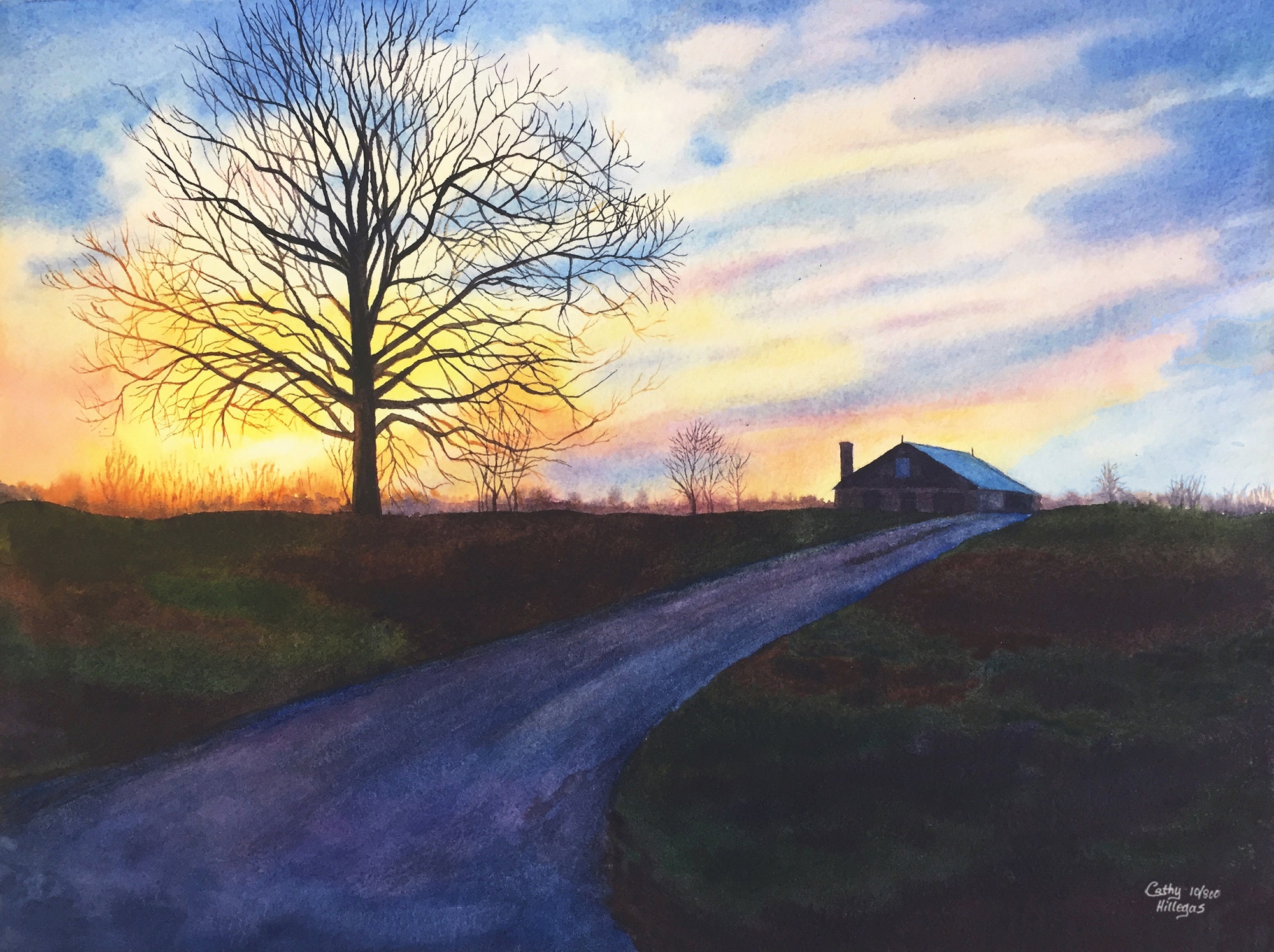 Sunset Barn Landscape Watercolor Print by Cathy Hillegas 8x10 - Etsy
