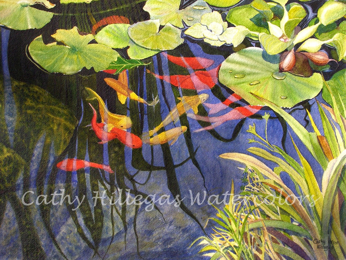 Koi Fish, Lily Pads Art Watercolor Painting Print 12x16 by Cathy ...