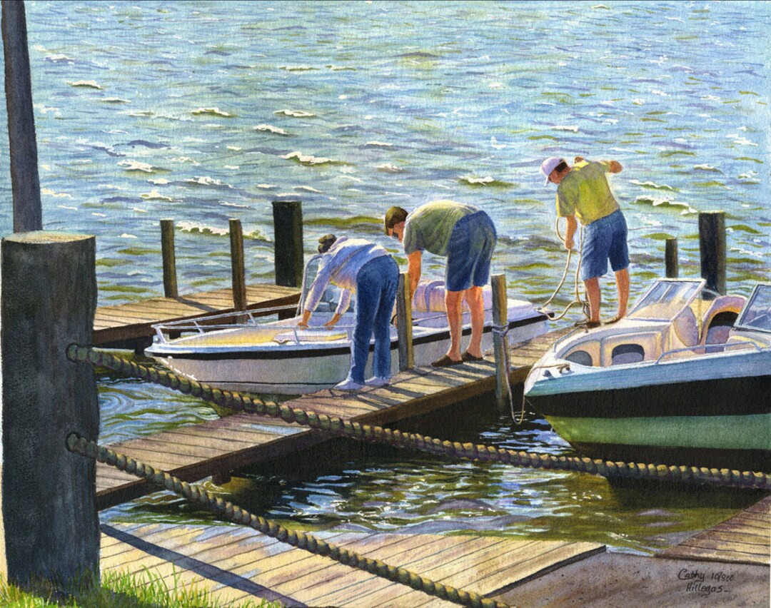 River, Boats, Landscape Watercolor Painting Print by Cathy Hillegas ...