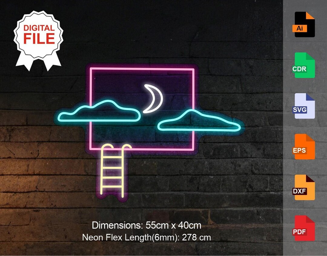 Neon Sign Design With Clouds and Moon | Ladder Wall Art | Vector File ...
