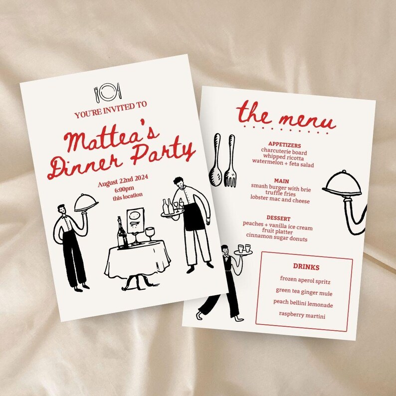 Editable Dinner Party Invitation and Menu, Digital Invitation ...