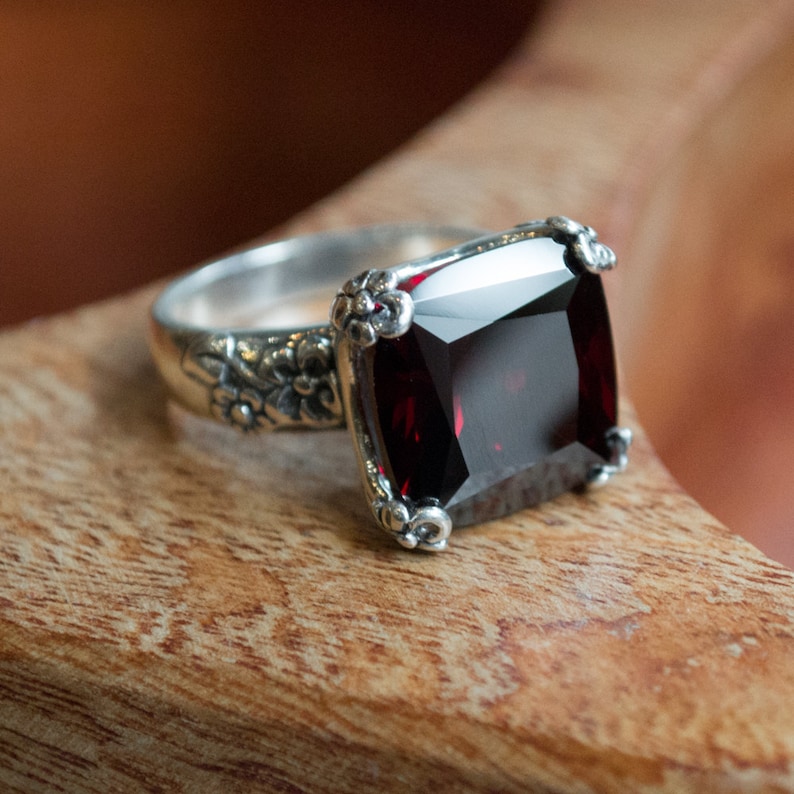 Garnet Ring, Floral Silver Ring, Alternative Engagement Ring, Statement ...