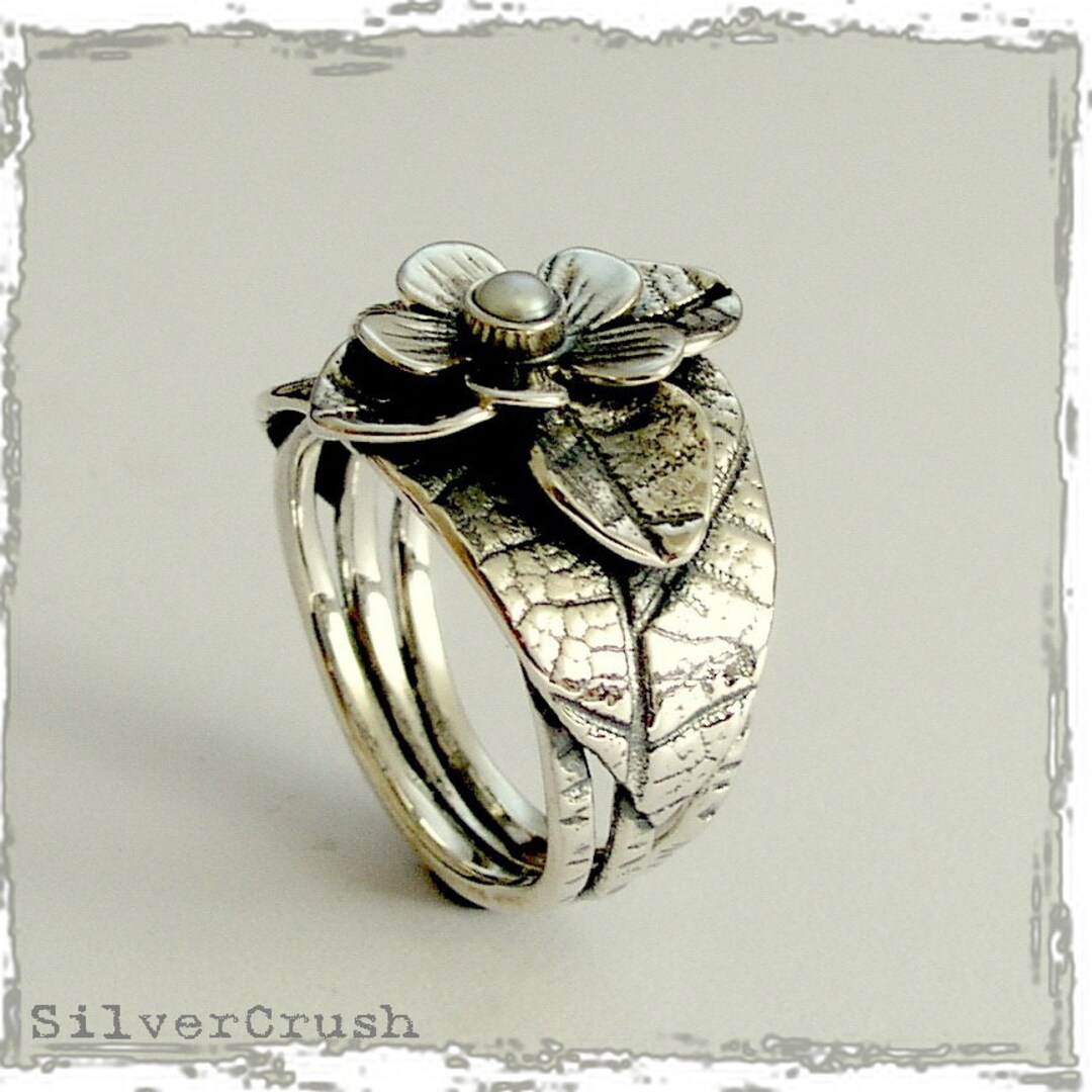 Silver Leaves Ring, Leaf Ring, Botanical Ring, Fresh Water Pearl Ring ...