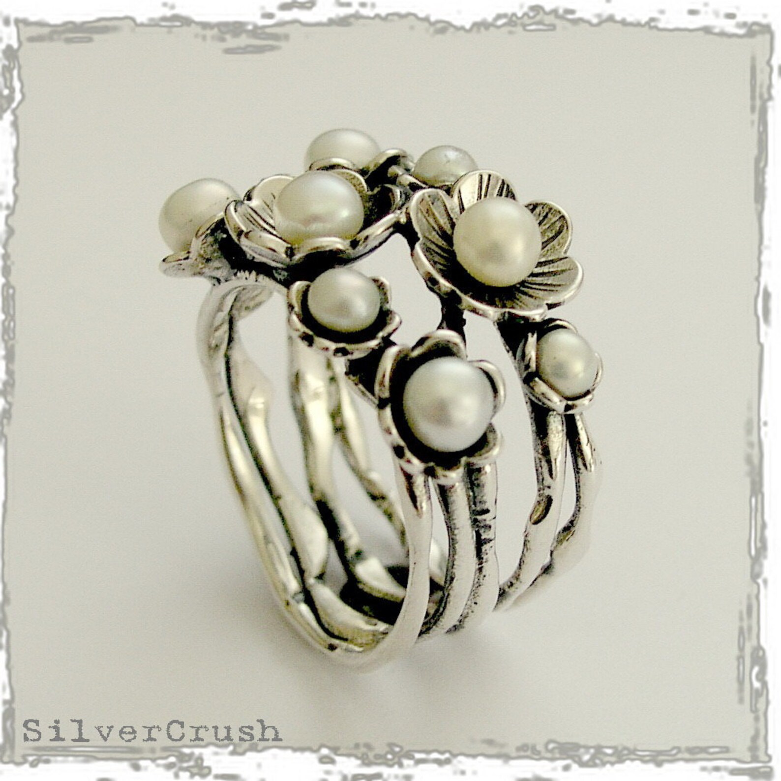 Floral Ring, Sterling Silver Ring, Botanical Ring, Fresh Water Pearls ...