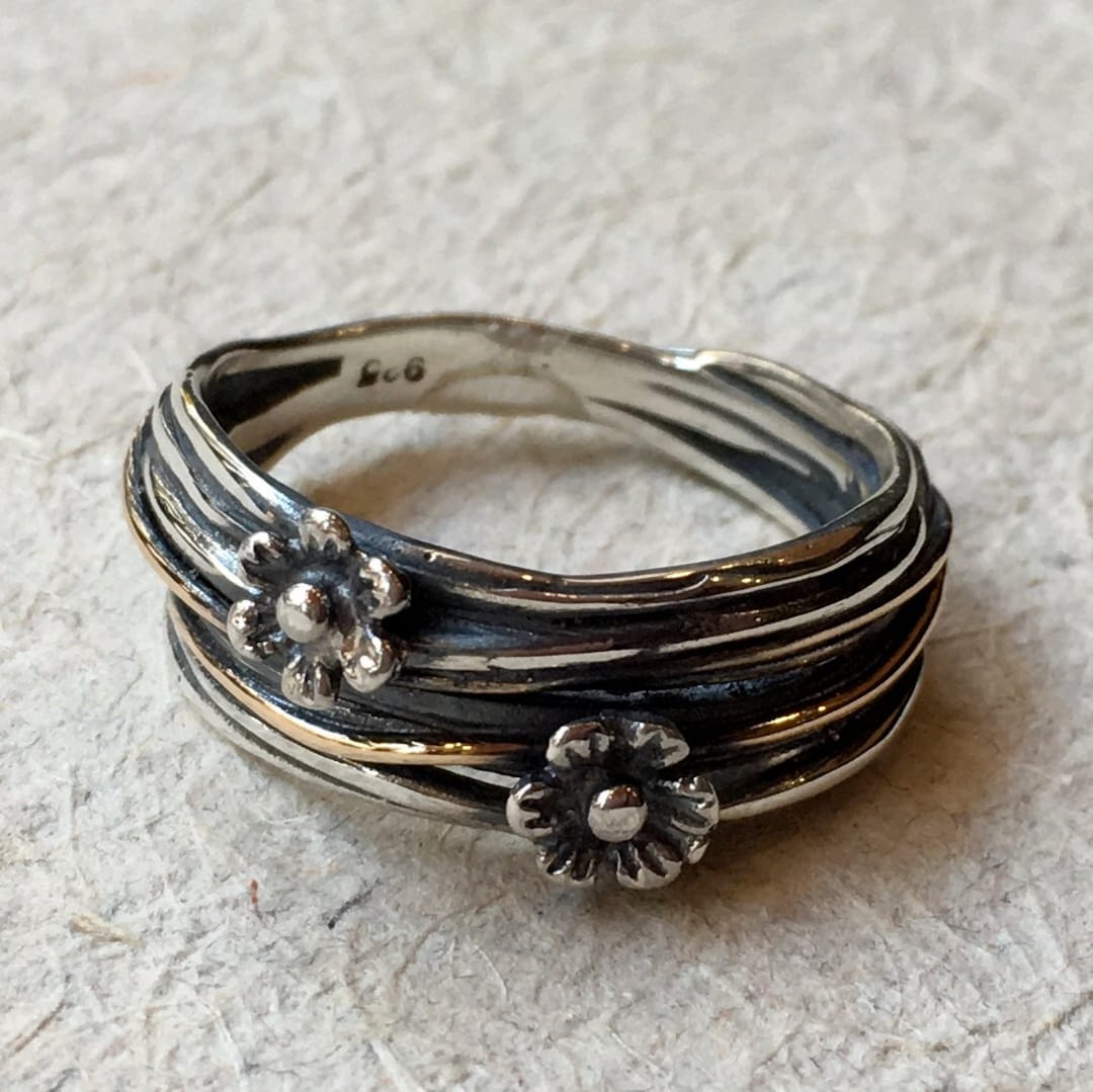 Sterling Silver Ring, Wire Wrap Band, Oxidised Band, Floral Band, Boho ...
