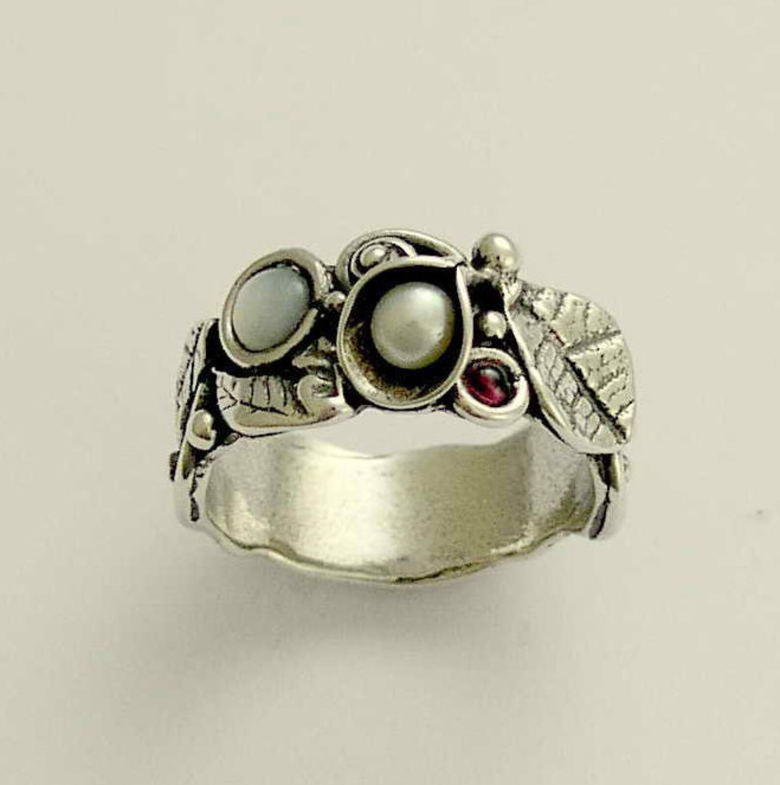 Sterling Silver Ring, Leaves and Flowers Band, Botanical Ring, Pearls ...