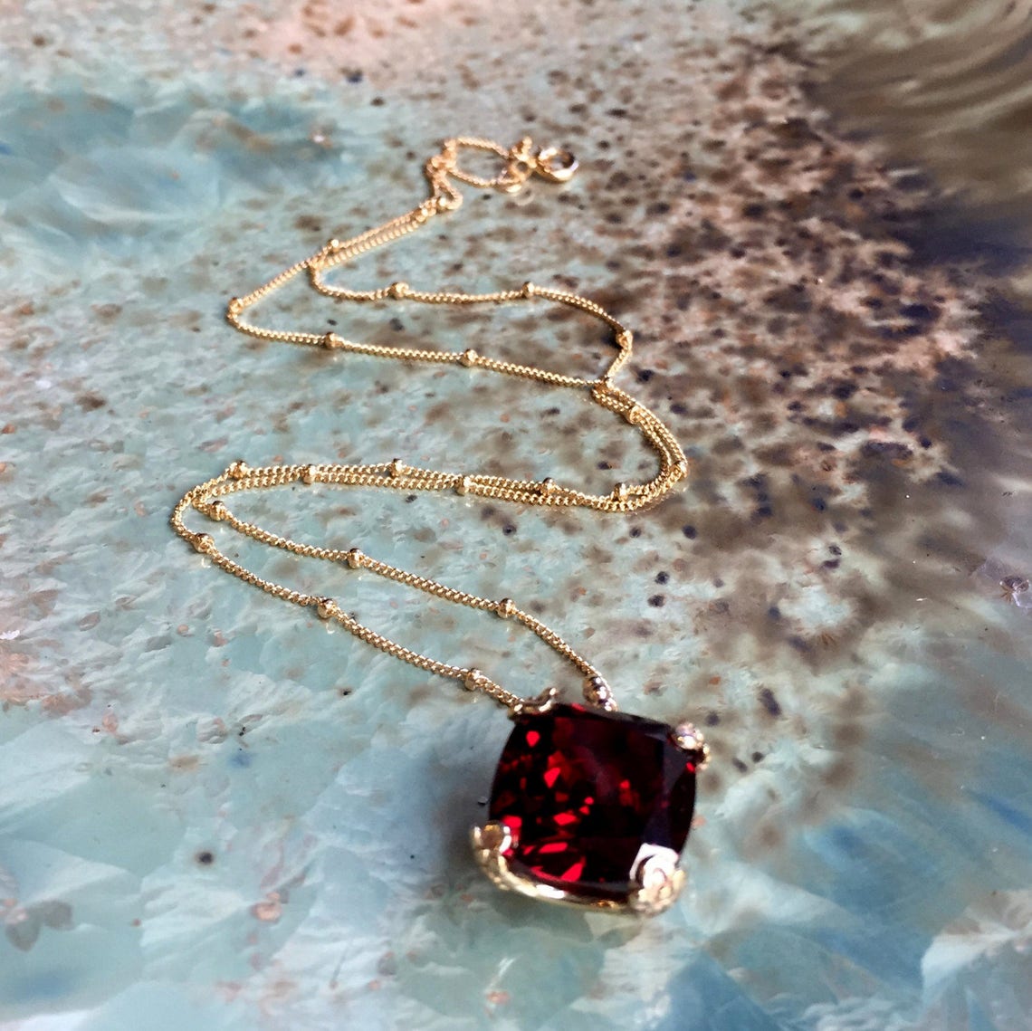 Garnet Necklace, Cushion Cut Stone Pendant, Floral Pendant, Golden ...