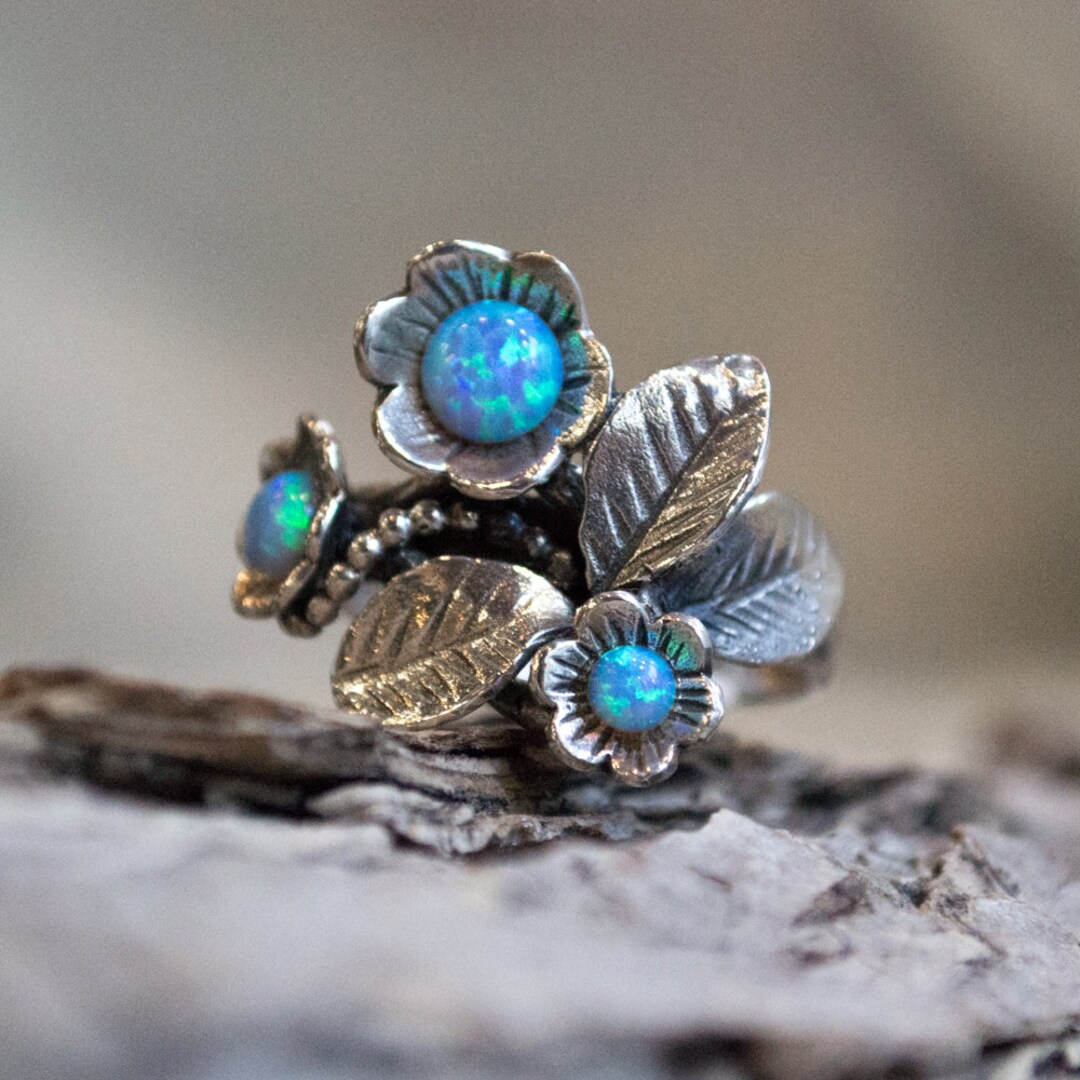 Botanical Ring, Sterling Silver Ring, Blue Opals Ring, Mothers Ring ...