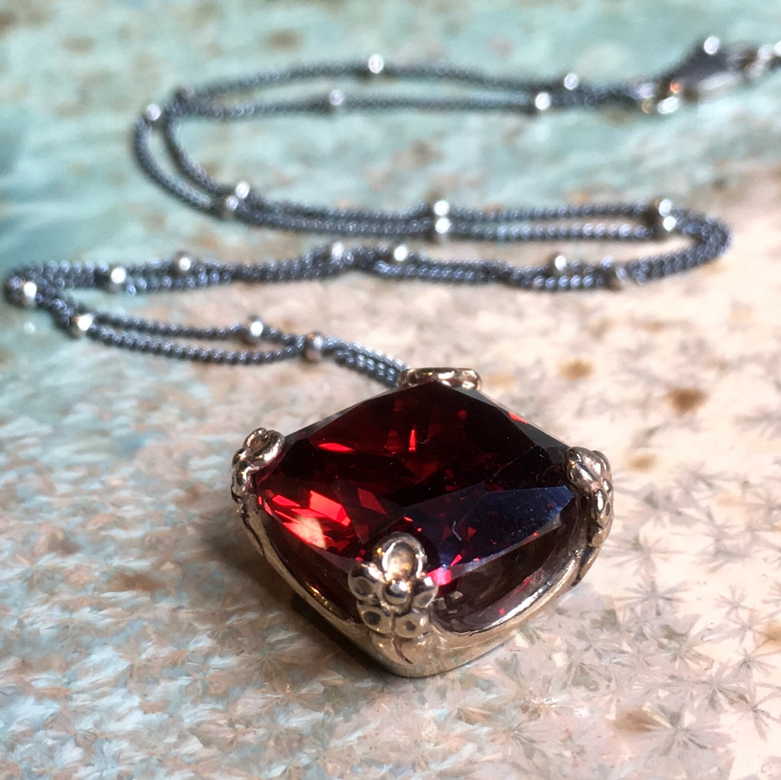 Garnet Necklace, Cushion Cut Stone Pendant, Floral Pendant, Golden ...