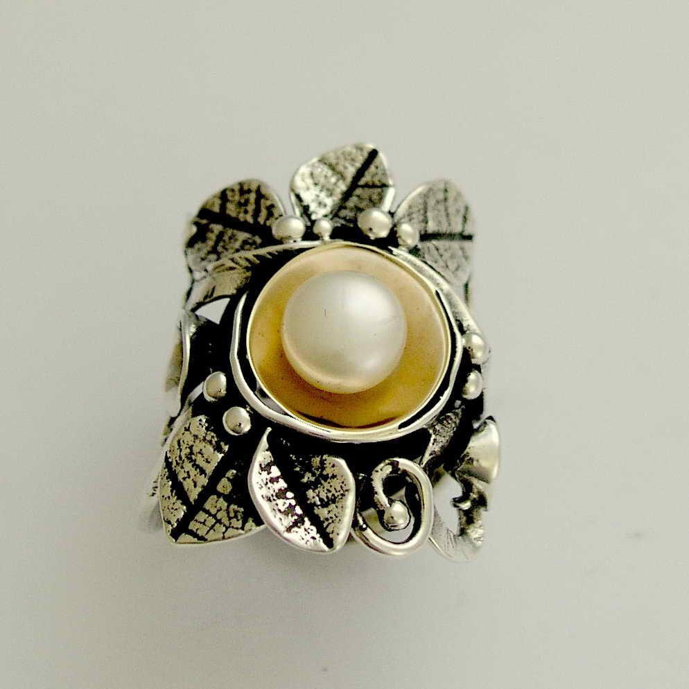 Botanical Ring, Silver Leaves Ring, Pearl Ring, June Birthstone Ring ...