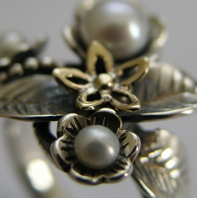 Pearl Engagement Ring Silver Gold Ring Floral Ring - Etsy