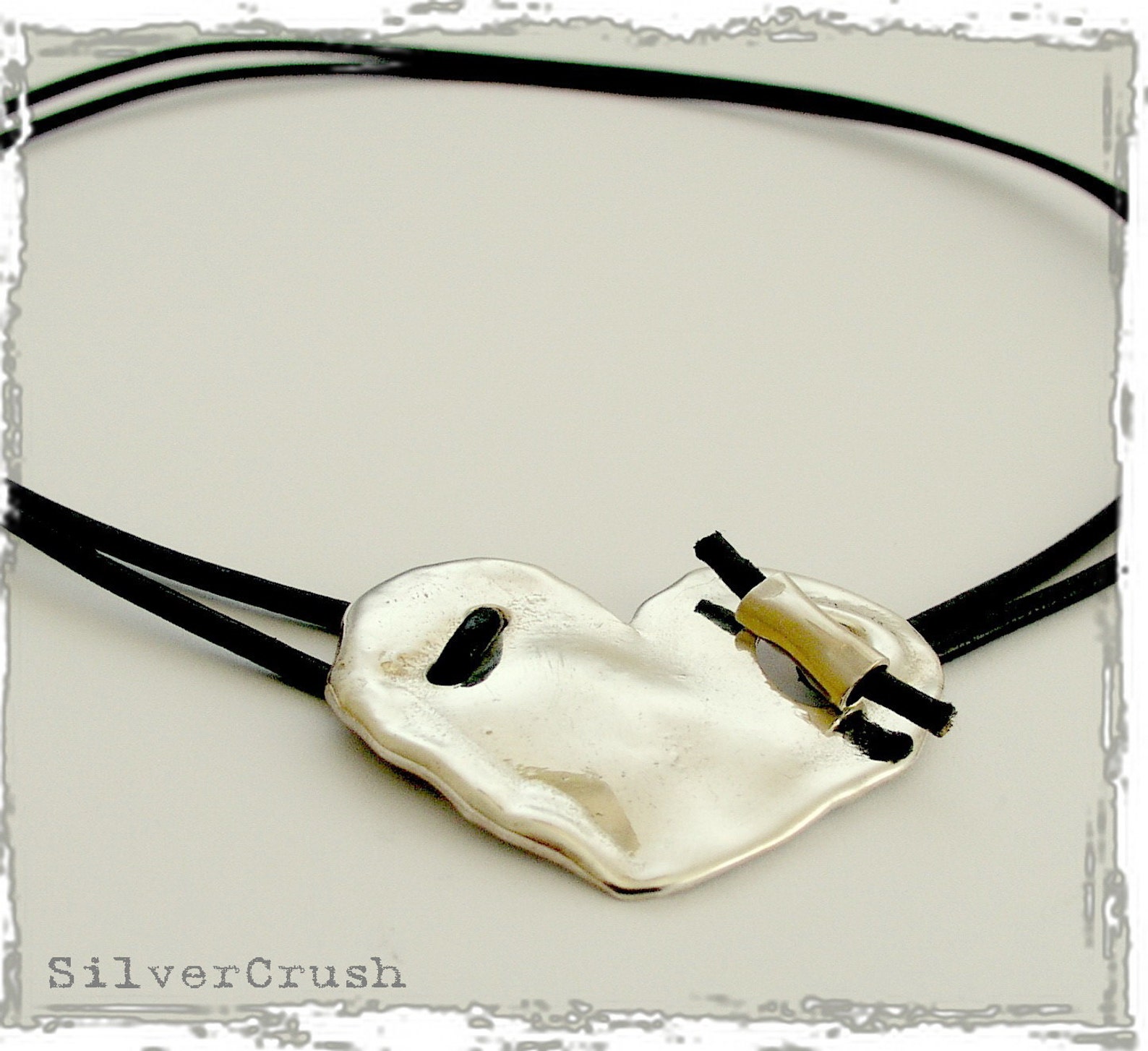 Silver Heart Necklace Black String Necklace Heart Pendant | Etsy