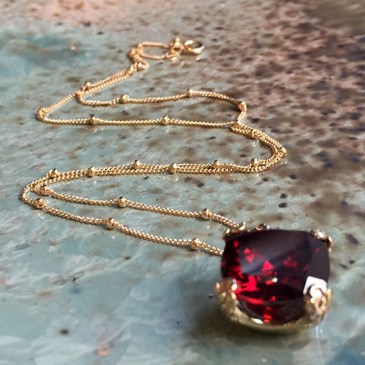 Garnet Necklace, Cushion Cut Stone Pendant, Floral Pendant, Golden ...