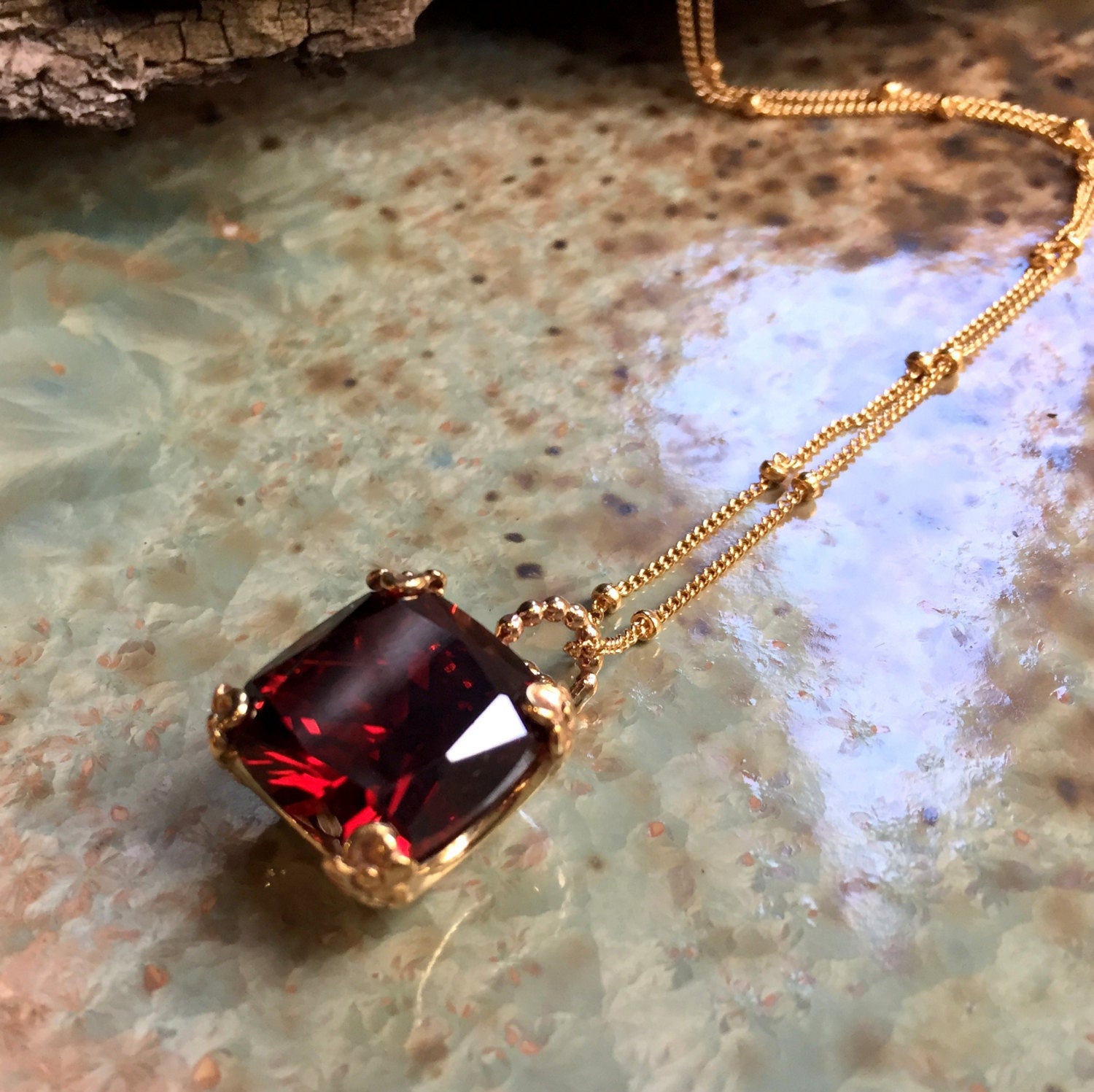 Garnet Necklace, Cushion Cut Stone Pendant, Floral Pendant, Golden ...