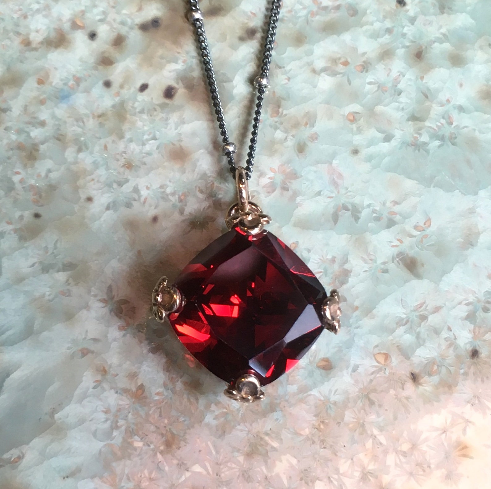 Garnet Necklace, Cushion Cut Stone Pendant, Floral Pendant, Golden ...