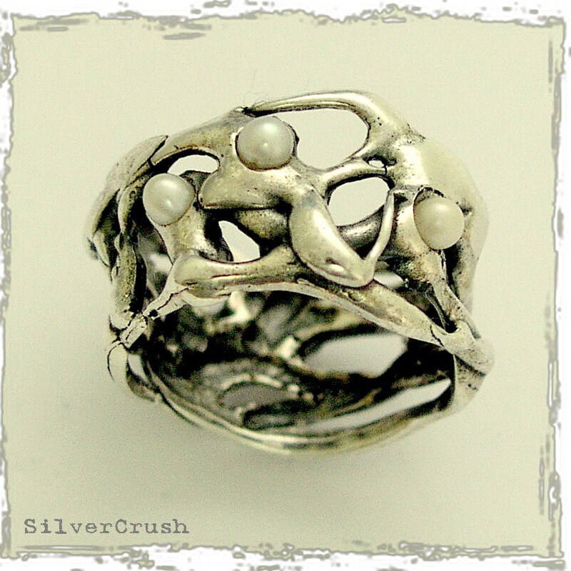 Wide Band, Sterling Silver Ring, Gemstones Ring, Fresh Water Pearls ...