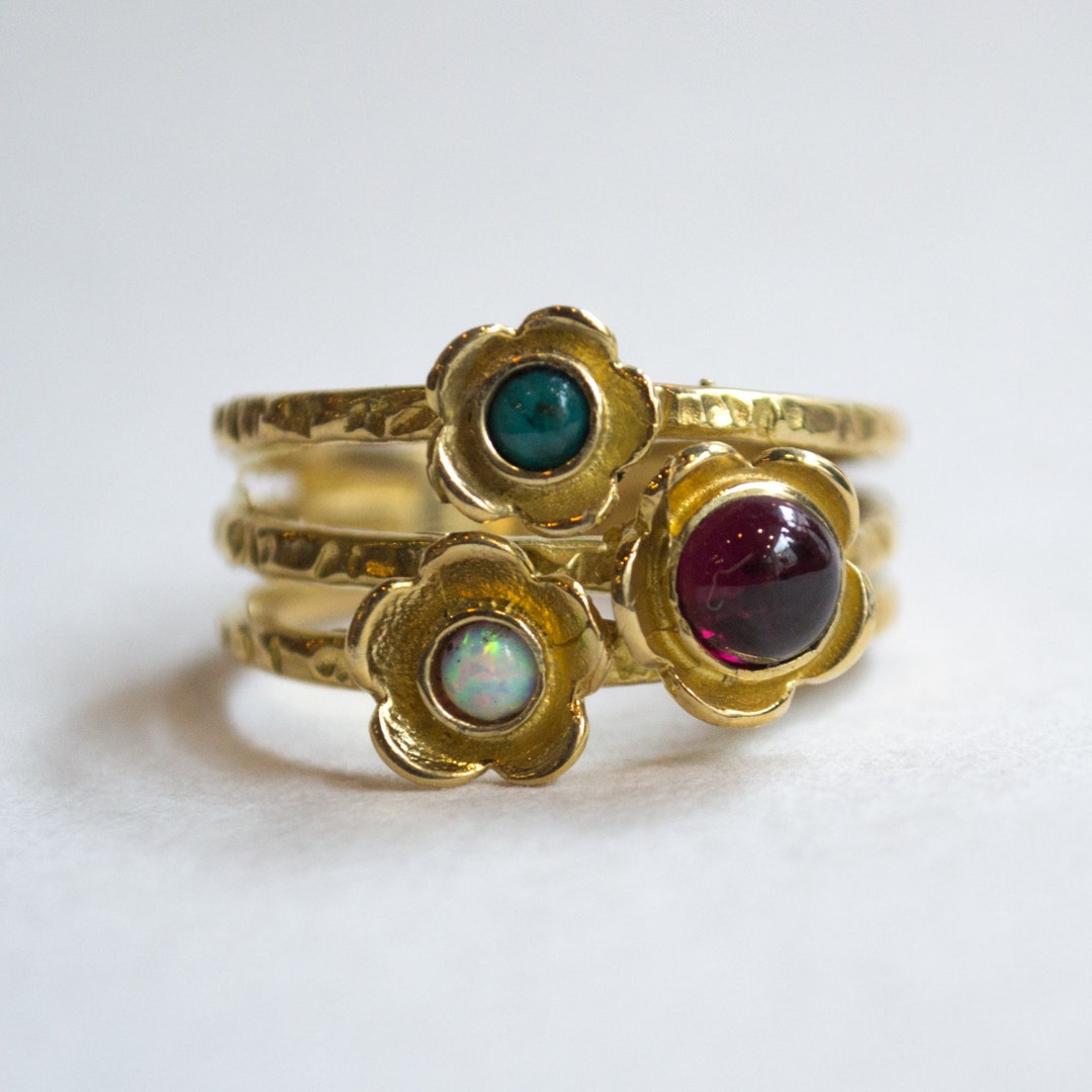 Yellow Gold Ring, Boho Gold Ring, Brushed Gold Ring, Multistone Ring ...