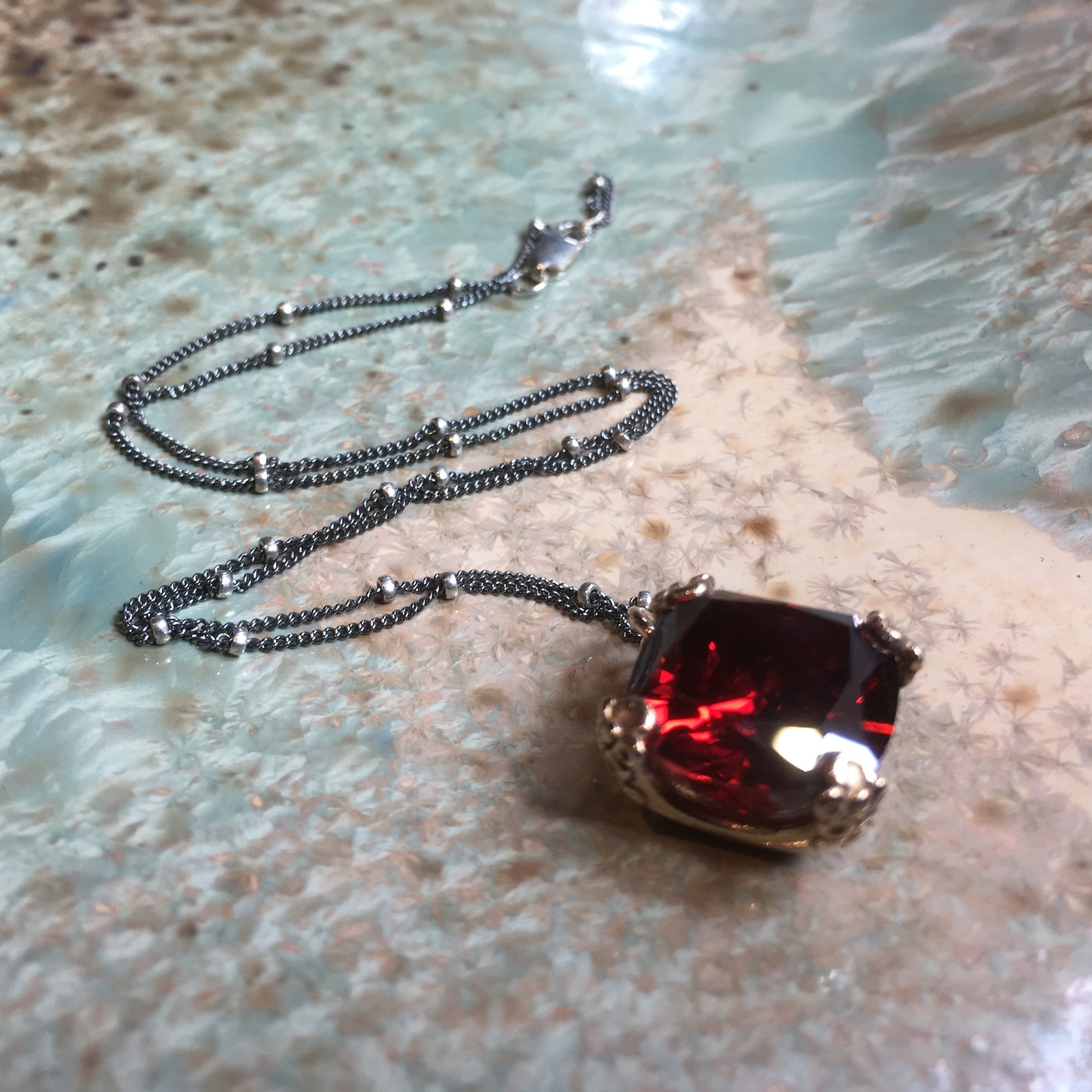 Garnet Necklace, Cushion Cut Stone Pendant, Floral Pendant, Golden ...