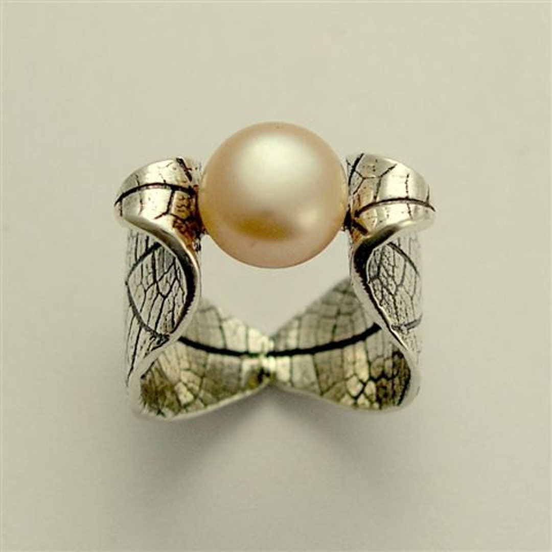 Botanical Ring, Sterling Silver Ring, Leaf Ring, Peach Pearl Ring, June ...
