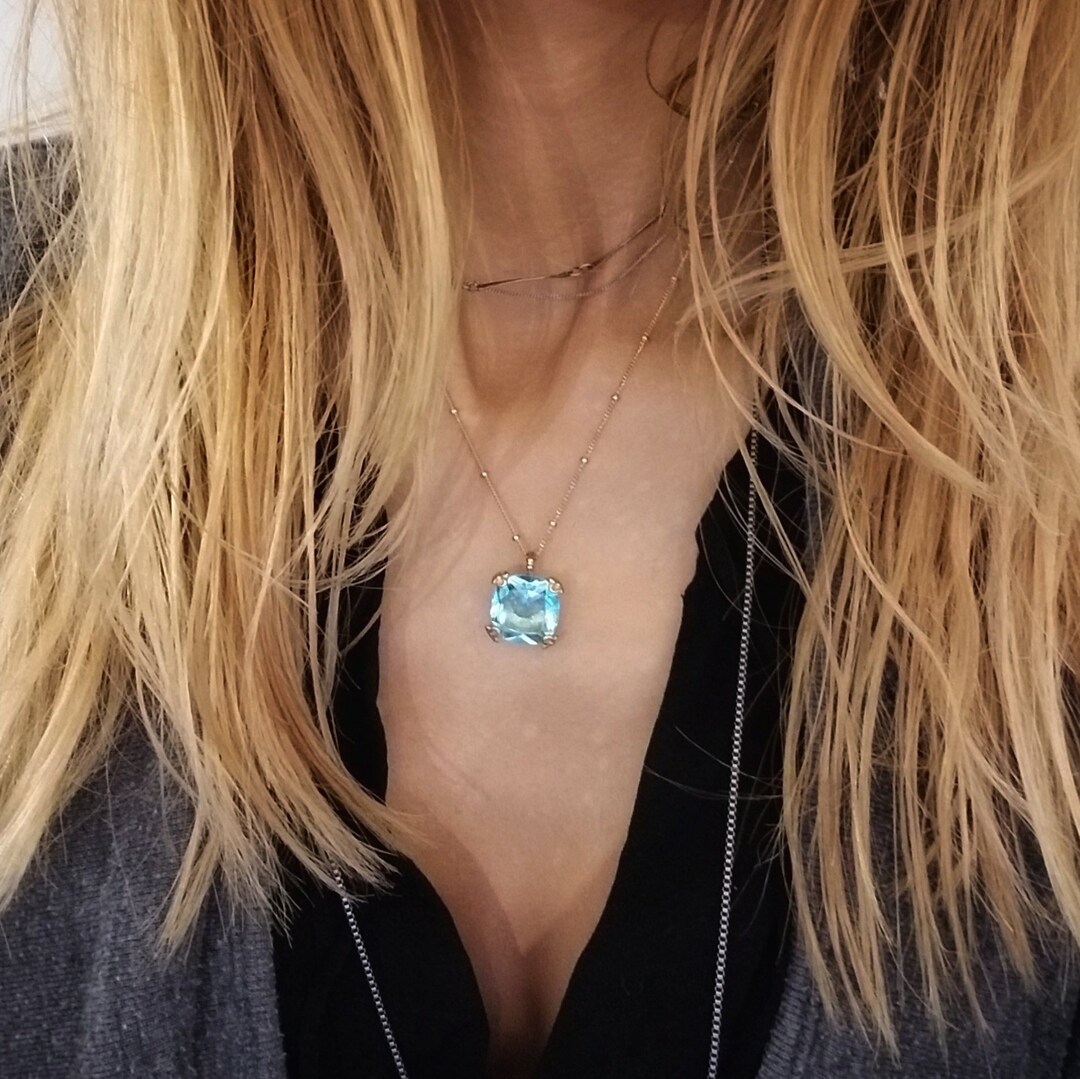 Light Blue Quartz Necklace, Quartz Pendant, Cushion Cut Stone Pendant ...