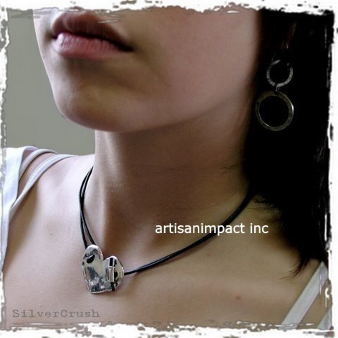 Silver Heart Necklace Black String Necklace Heart Pendant | Etsy