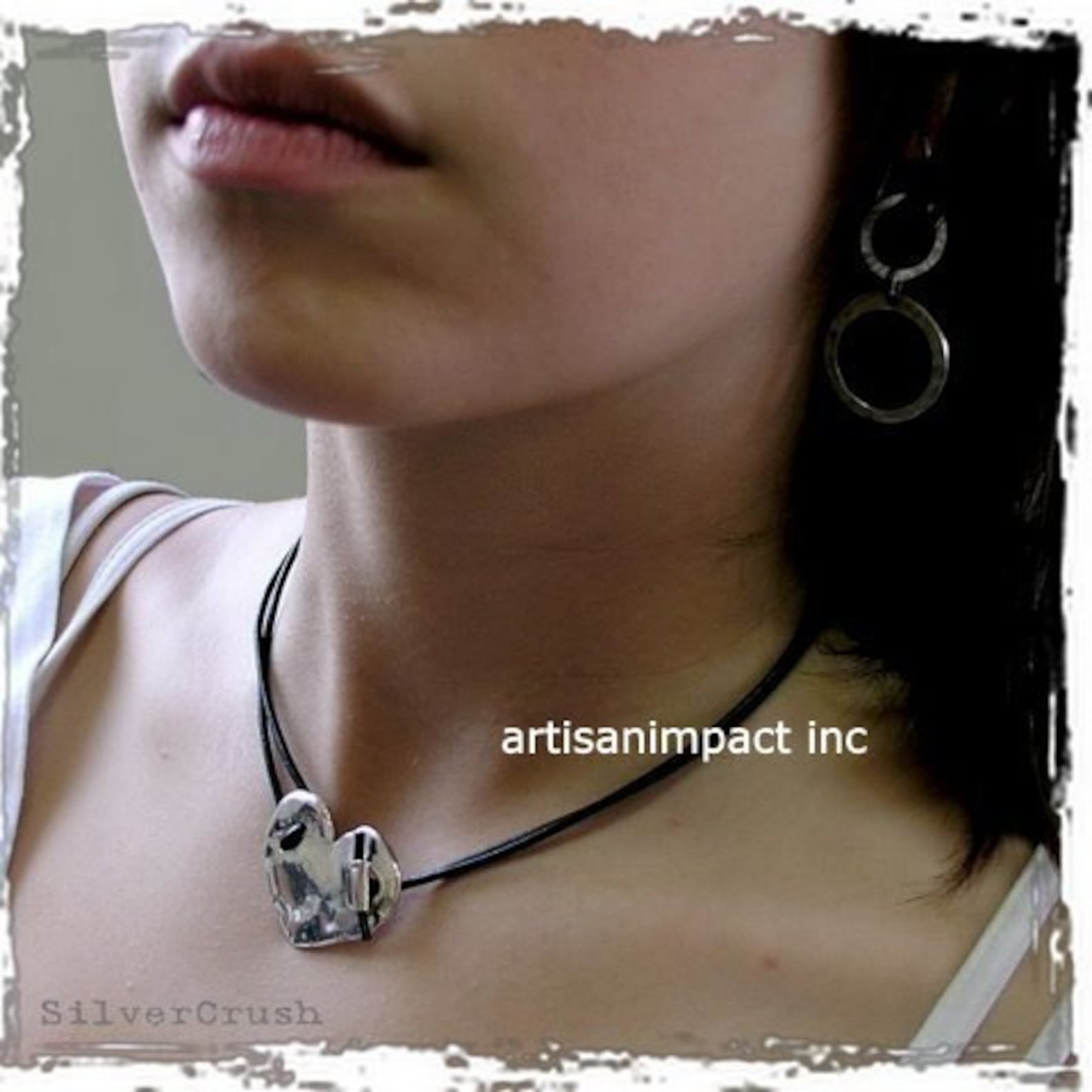 Silver Heart Necklace Black String Necklace Heart Pendant | Etsy