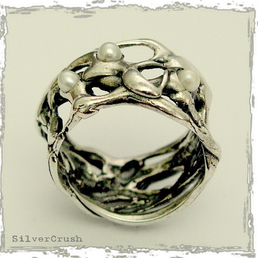 Wide Band, Sterling Silver Ring, Gemstones Ring, Fresh Water Pearls ...