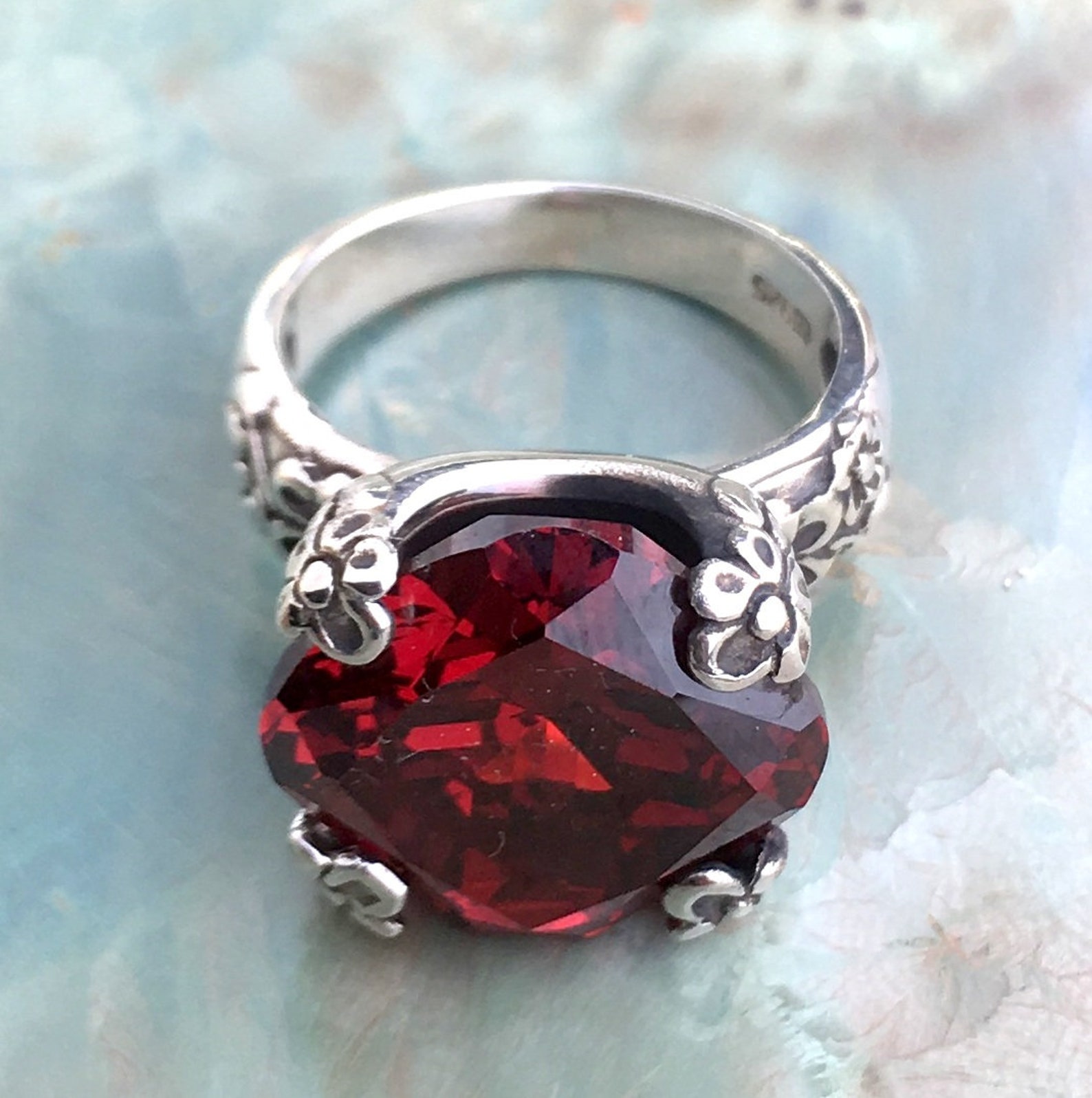 Garnet Ring, Large Stone Ring, Rose Cut Stone Ring, Floral Silver Ring ...
