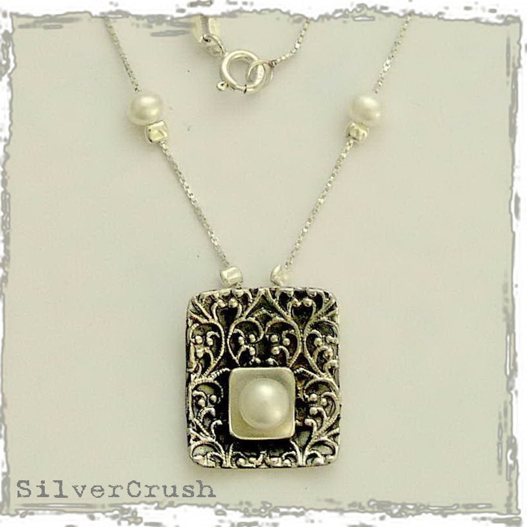 Square Pendant, Lace Simple Sterling Silver Pendant, Pearls on Chain ...