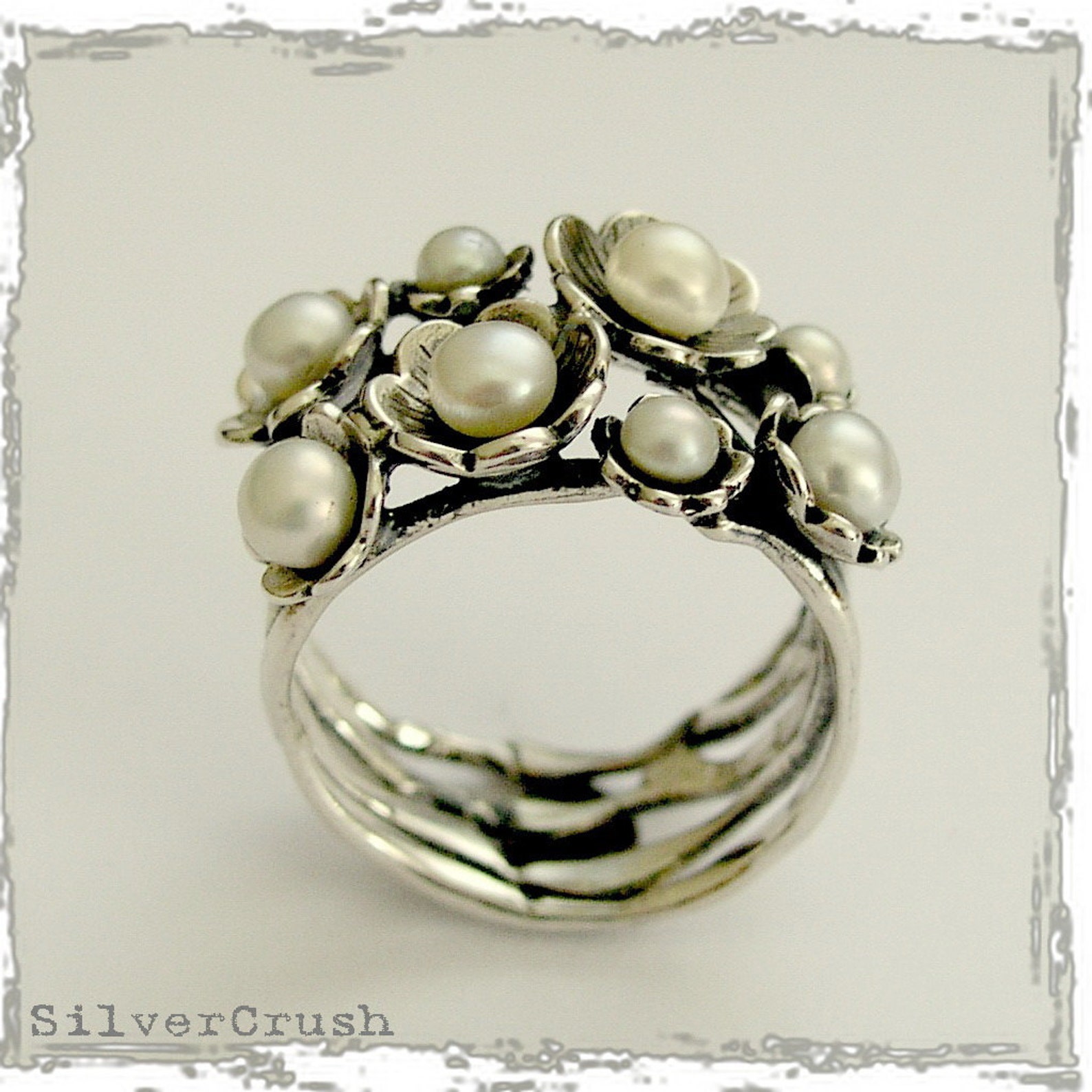 Floral Ring, Sterling Silver Ring, Botanical Ring, Fresh Water Pearls ...