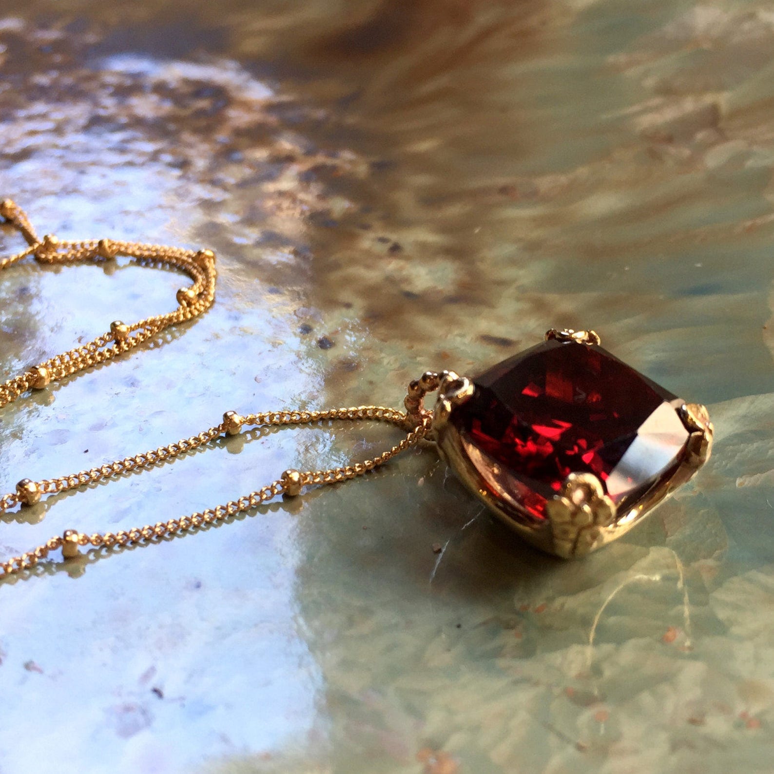 Garnet Necklace, Cushion Cut Stone Pendant, Floral Pendant, Golden ...