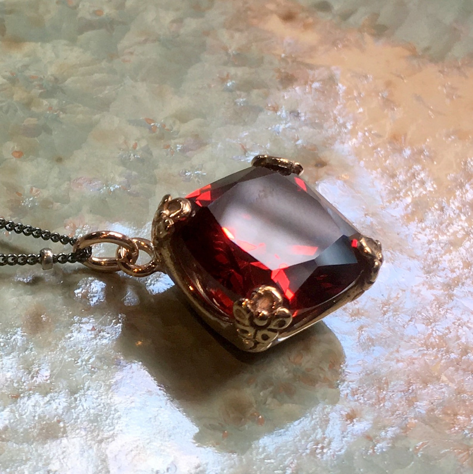 Garnet Necklace, Cushion Cut Stone Pendant, Floral Pendant, Golden ...
