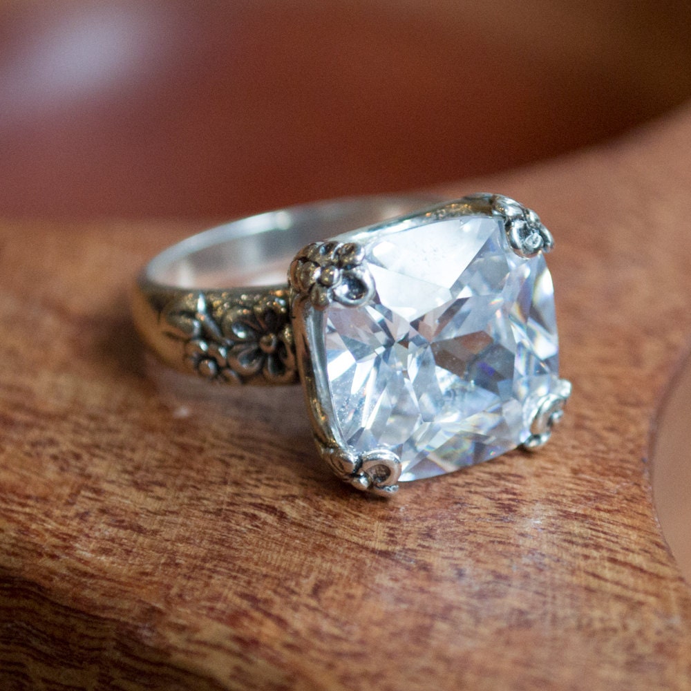 Clear Quartz Ring, Engagement Ring, Sterling Silver Ring, Cushion Cut ...