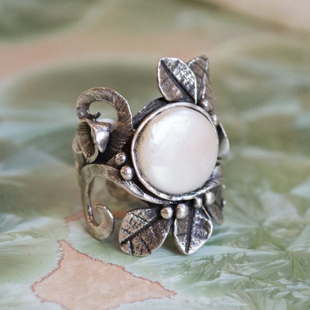 Botanical Ring, Silver Leaves Ring, Pearl Ring, June Birthstone Ring ...