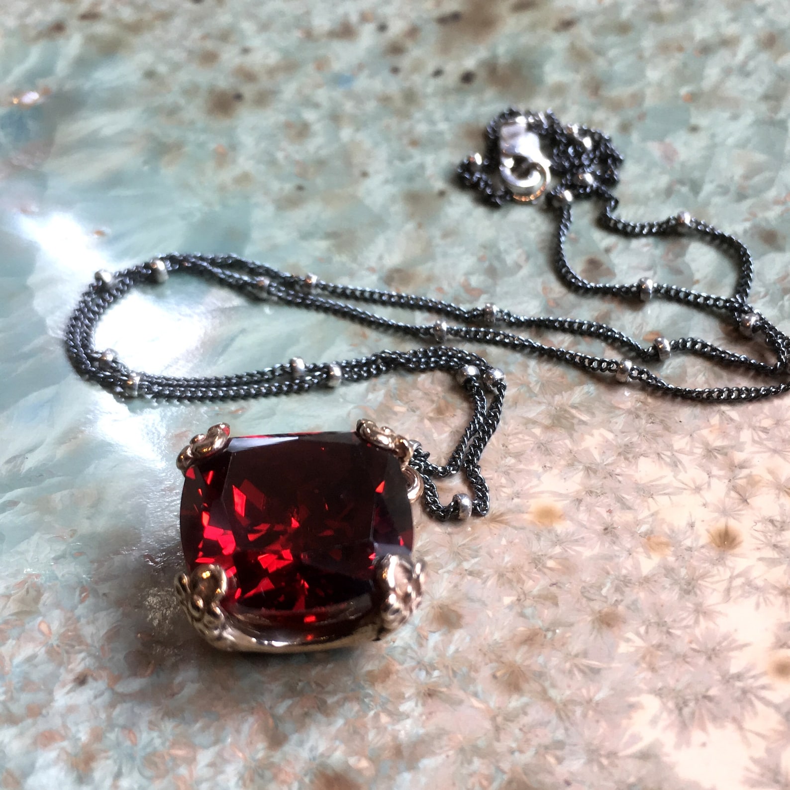 Garnet Necklace, Cushion Cut Stone Pendant, Floral Pendant, Golden ...