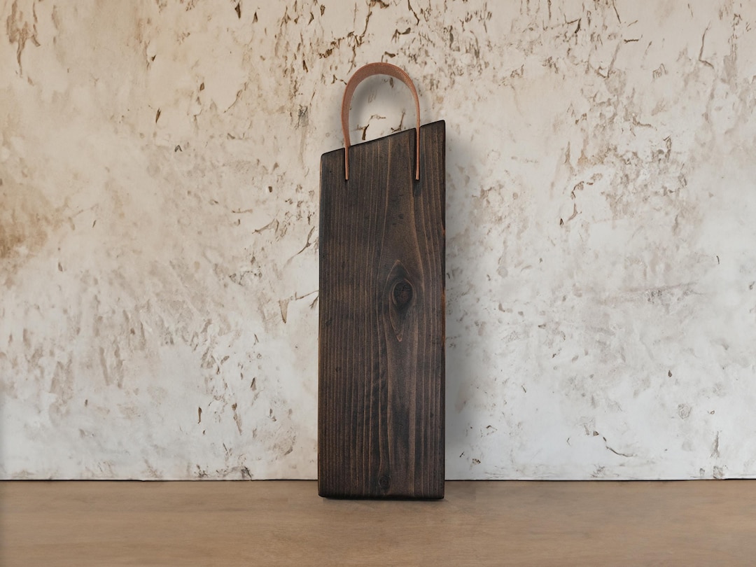Rustic Wooden Serving Board With Leather Handle - Etsy