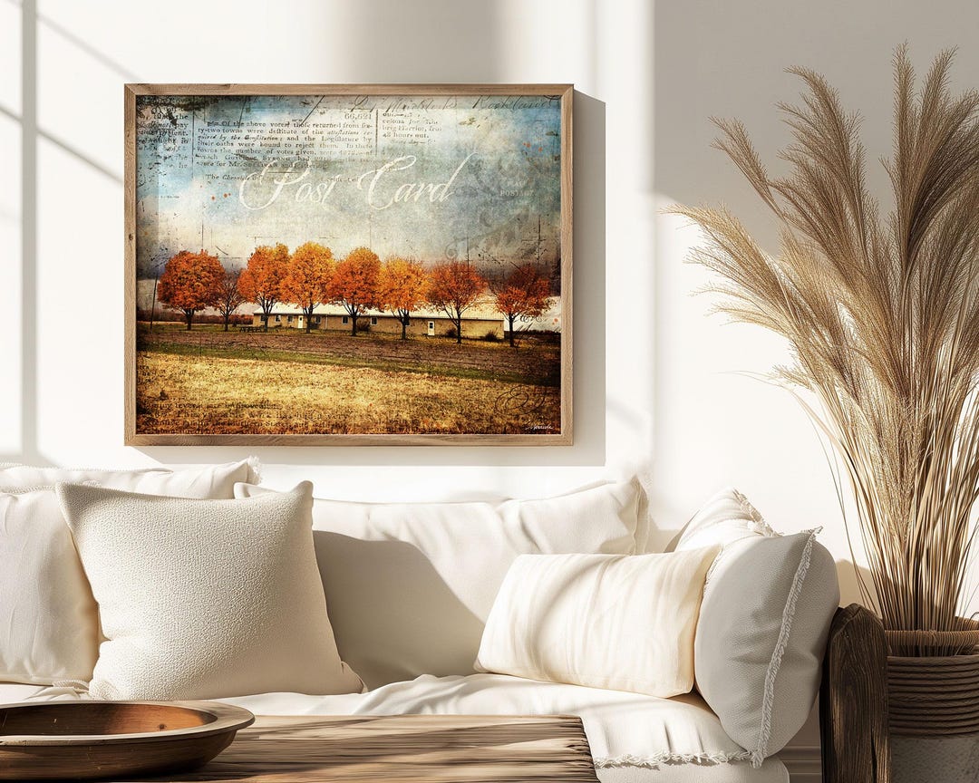 Neighborhood Fall Scene Digital Art Print, Orange Row of Trees on ...