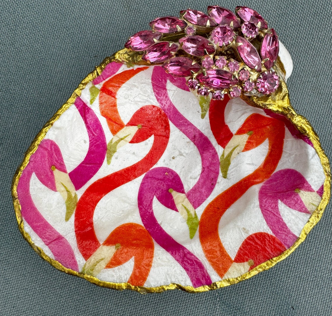 Large Clam Shell Bowl With Beautiful Decoupage Pink Flamingos and ...